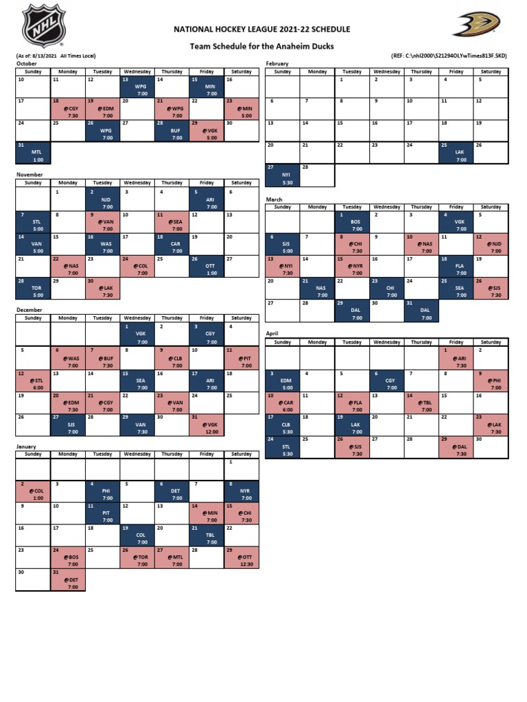 2021-22 NHL Schedule by Team (8.13) | PDF | Professional Sports Leagues ...