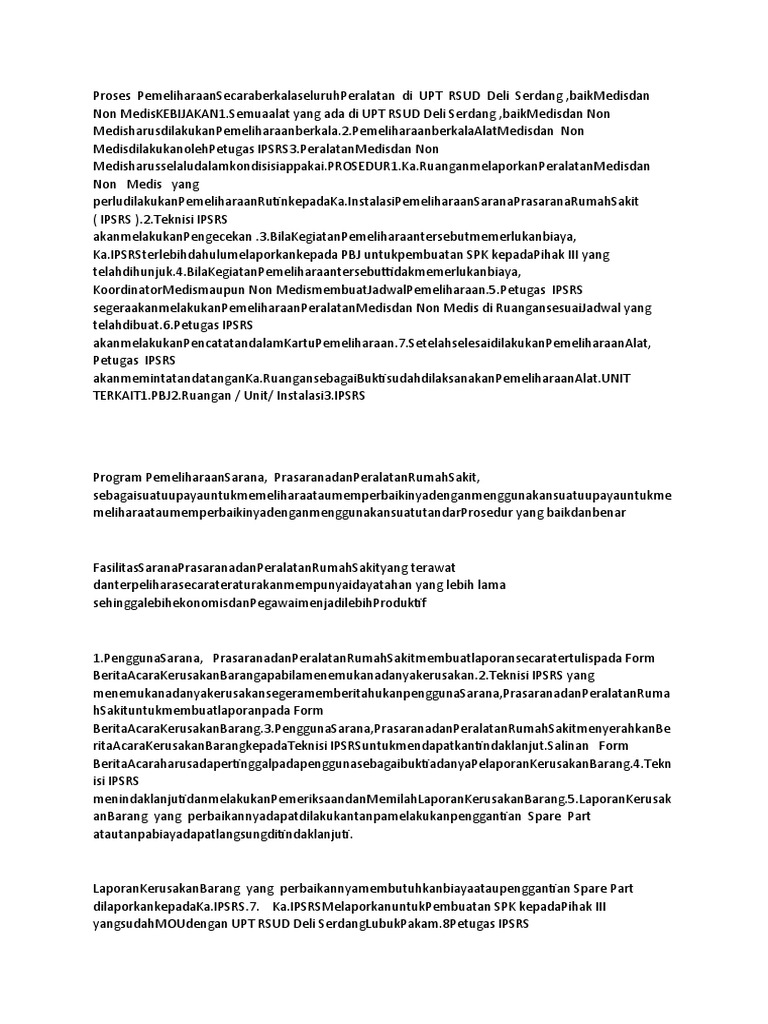 SOP PEmeliharaan Peralatan IPSRS | PDF