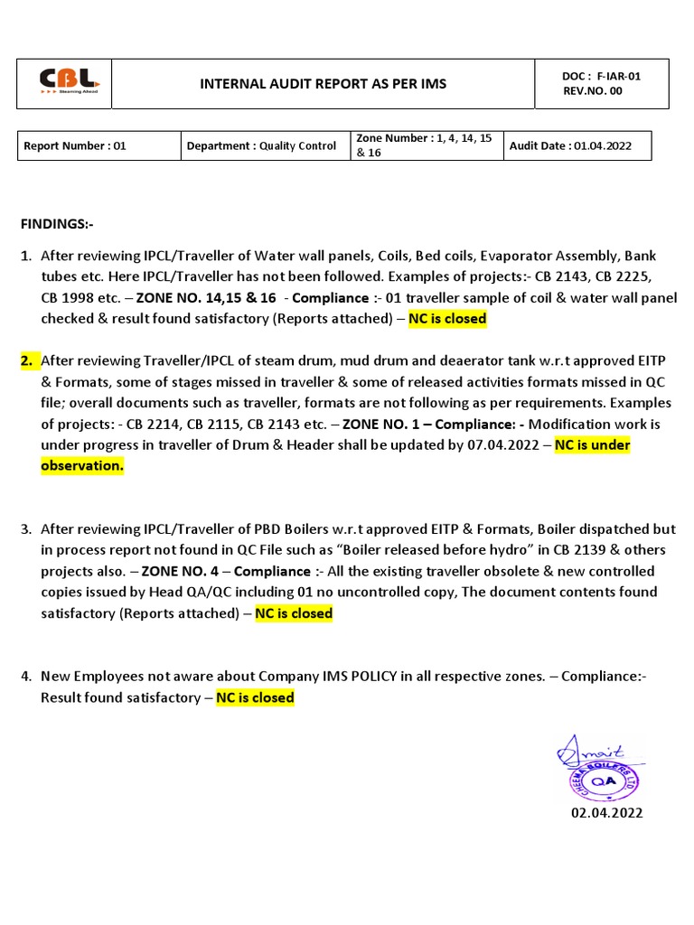 Internal Audit Report on Quality Control Documentation and Processes ...