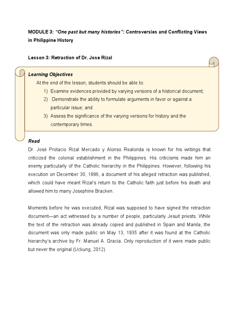 M3 Lesson 3-Retraction of Dr. Jose Rizal | PDF