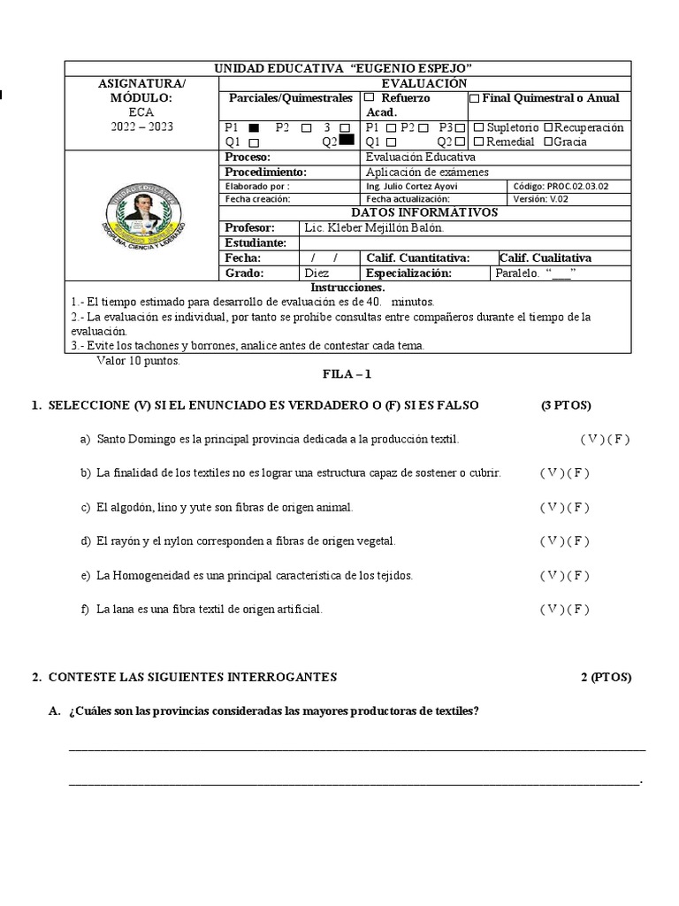 Evaluacion I Parcial II Quimestre Eca 10mo f1 | PDF