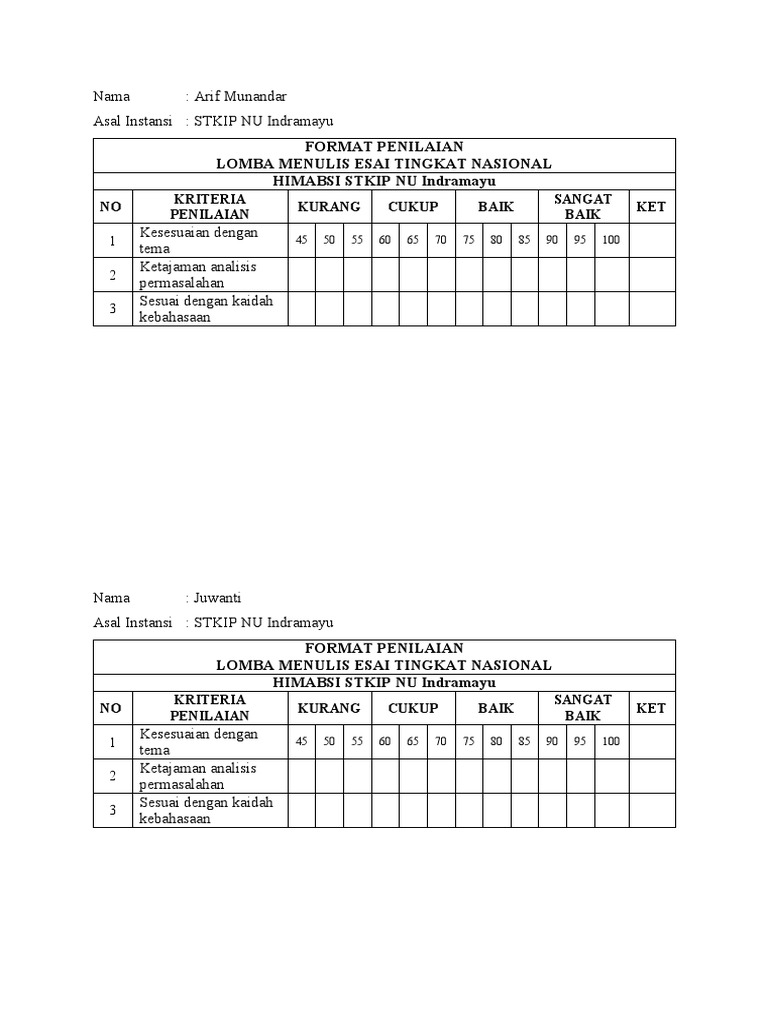 Penilaian Lomba Esai Nasional 2023 | PDF
