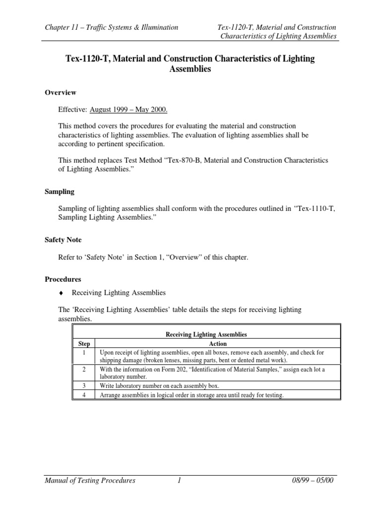 Tex-1120-T, Material and Construction Characteristics of Lighting ...