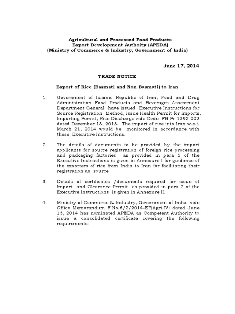 Trade Notice Rice To Iran | PDF | Rice | Genetically Modified Food