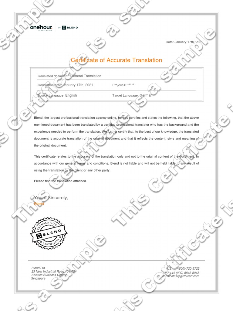 Certificate of Accurate Translation from English to German for General ...