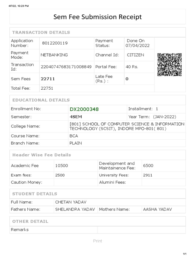 Chetan Fees Recipt 4th Sem | PDF