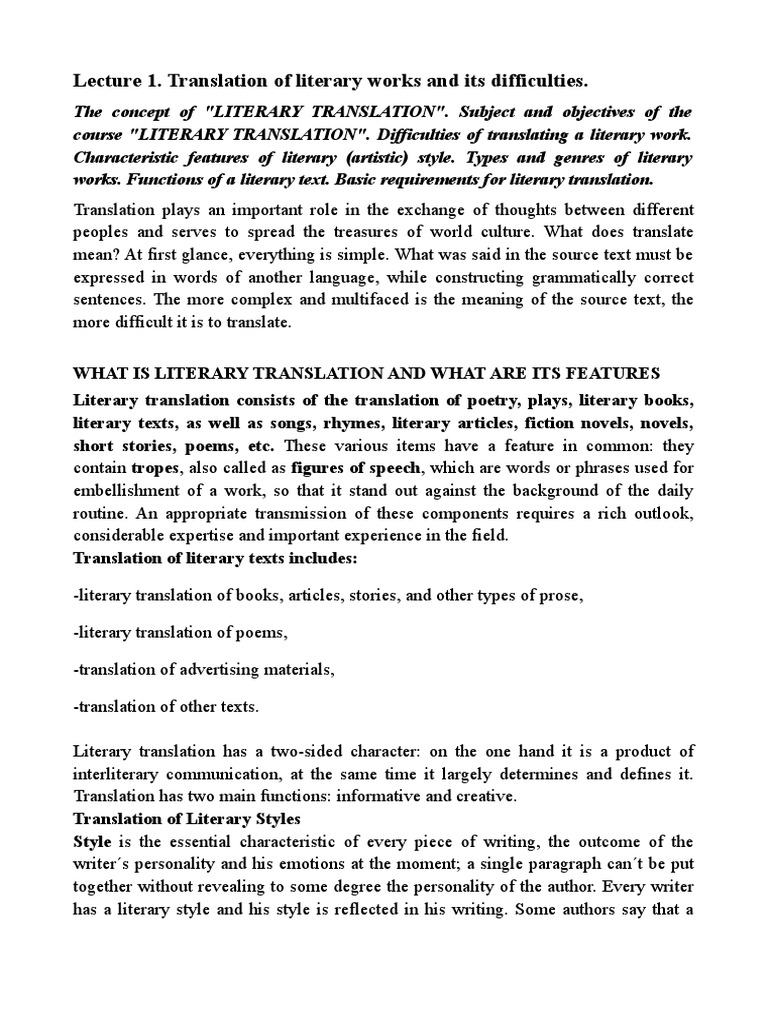 Lecture 1. Translation of Literary Works and Its Difficulties. | PDF ...