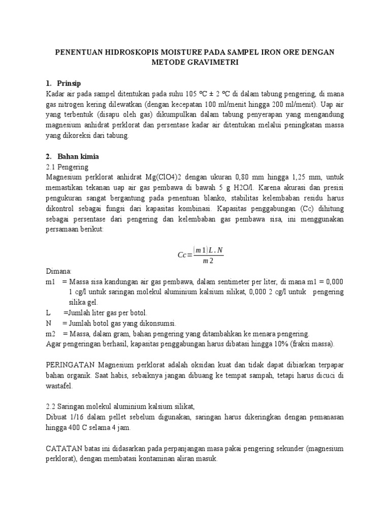 Penentuan Hidroskopis Moisture Pada Sampel Iron Ore Dengan Metode Gravimetri Transilte Iso 2598 ...
