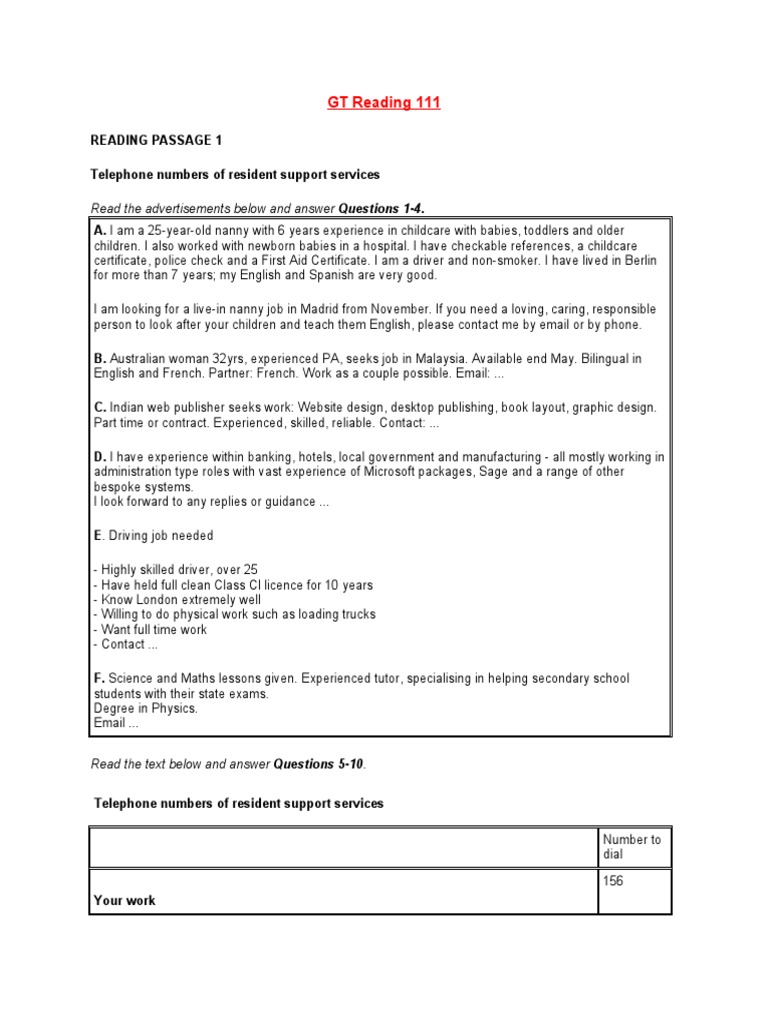 GT Reading 111 | PDF | Nanny | Job Interview