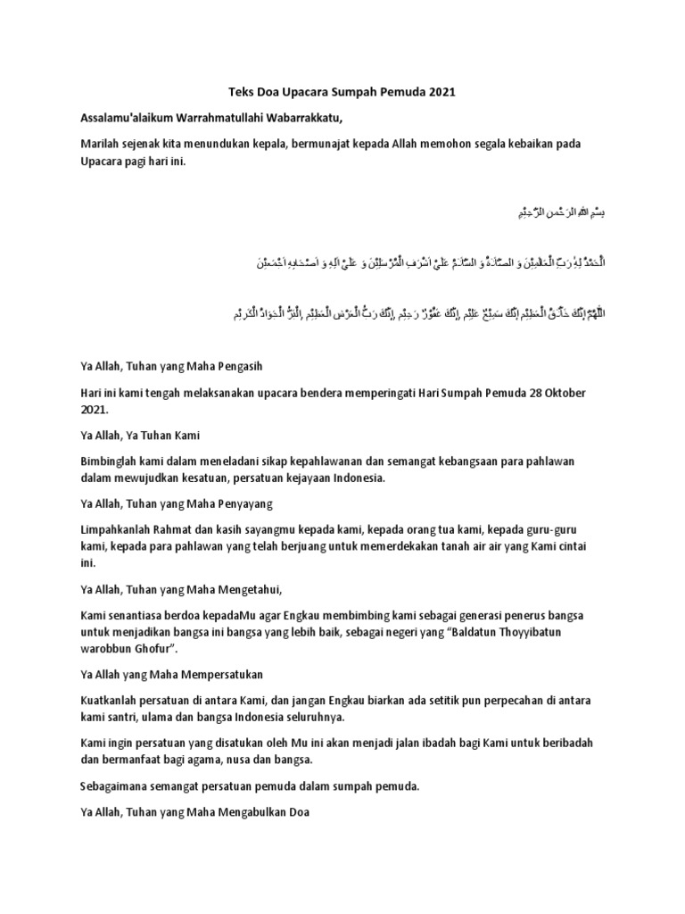 Teks Doa Upacara Sumpah Pemuda 2021 | PDF Teks Doa Upacara Sumpah Pemuda 2021 | PDF