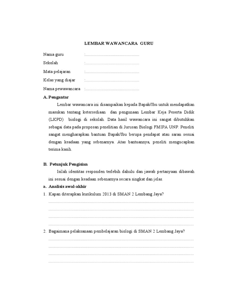 Lembar Wawancara Guru Baru | PDF