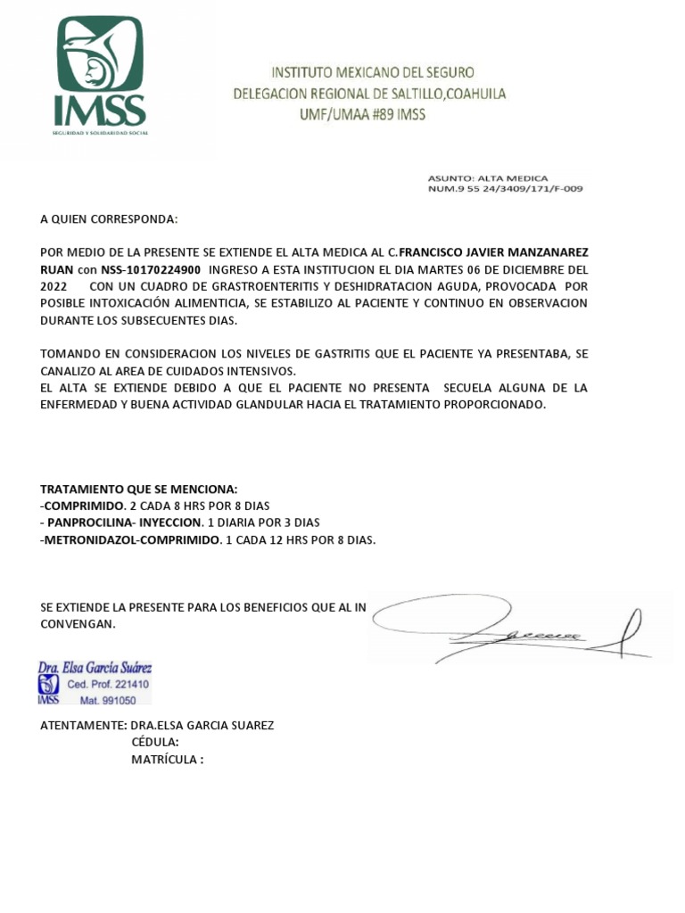 Nota Medica de Urgencias Imss | PDF