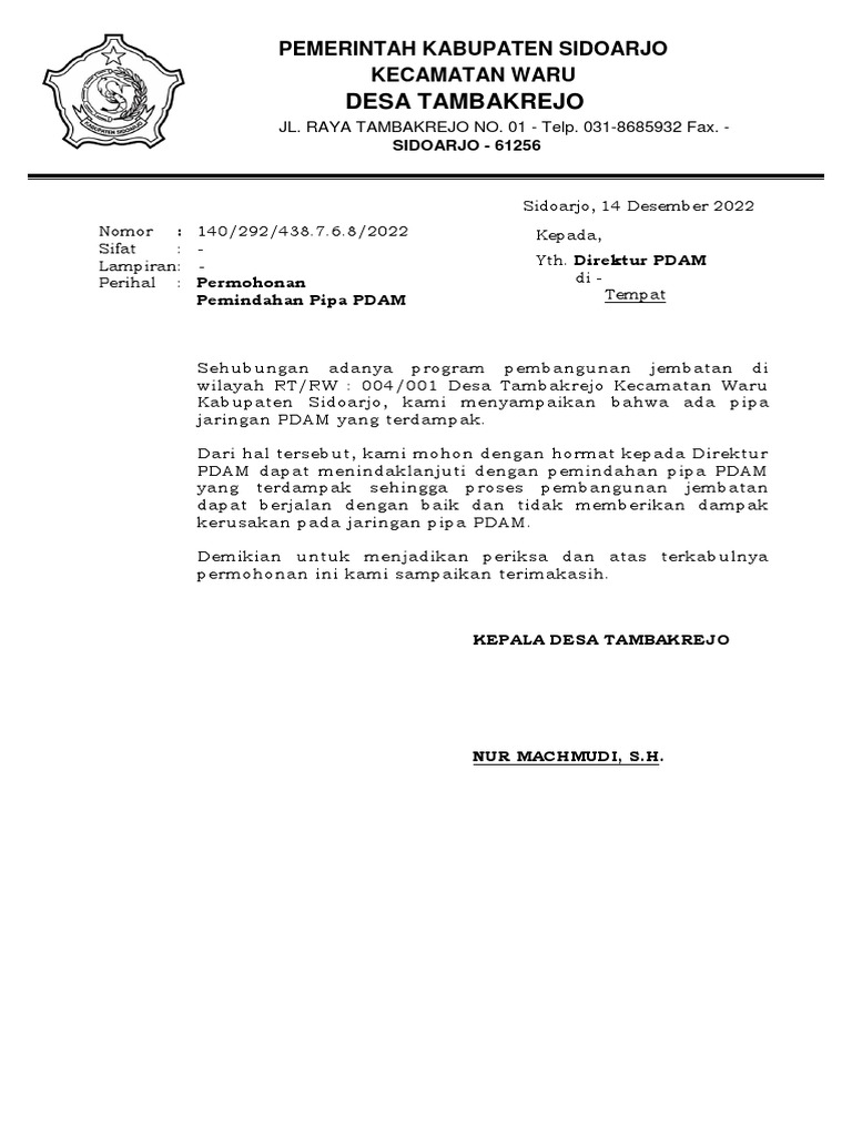 Surat Permohonan Pemindahan Pipa PDAM | PDF