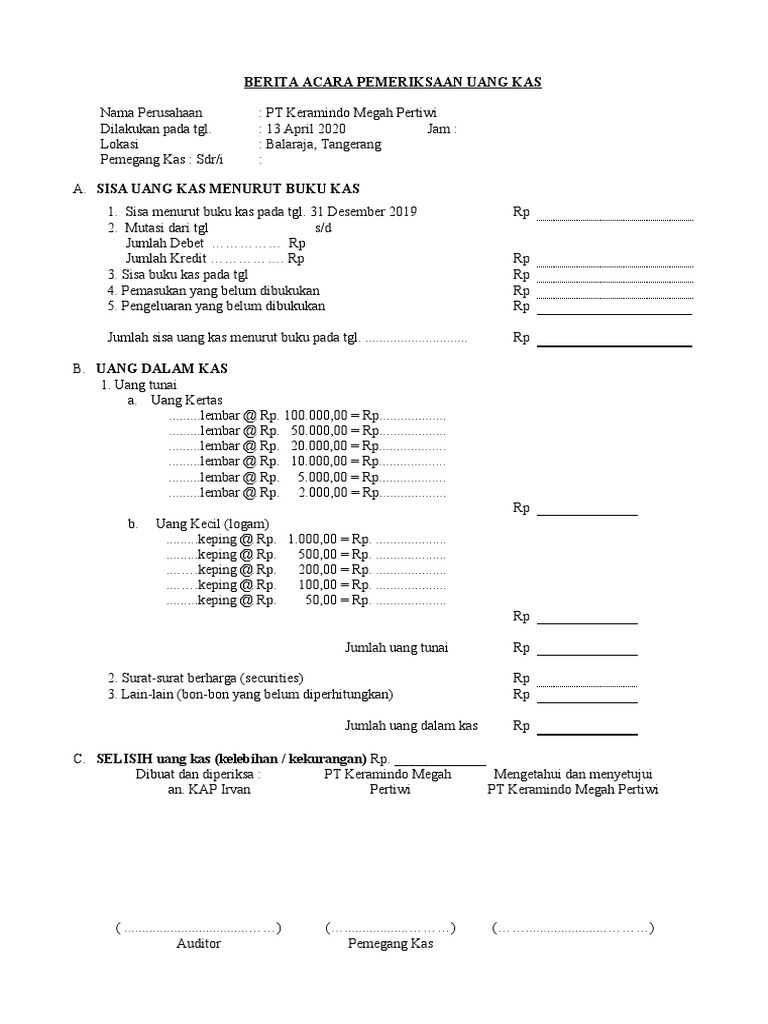 Berita Acara Cash Count | PDF | Pengelolaan Keuangan & Uang | Memasak ...