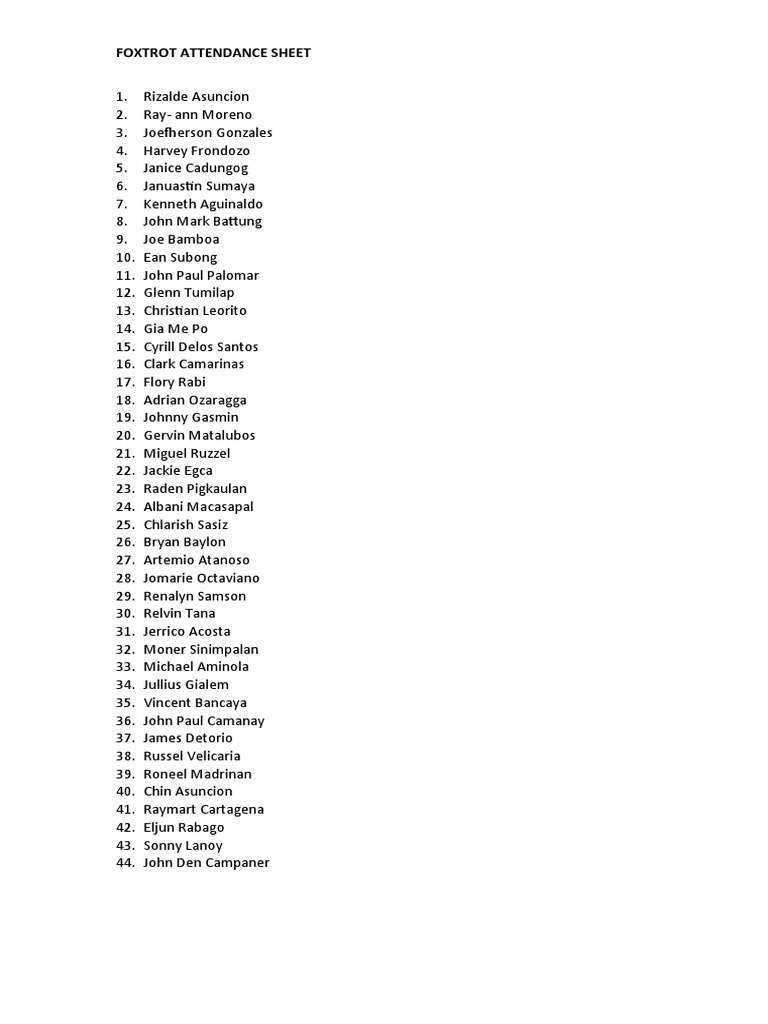 Foxtrot Attendance Sheet Final | PDF | Sports & Recreation | Travel