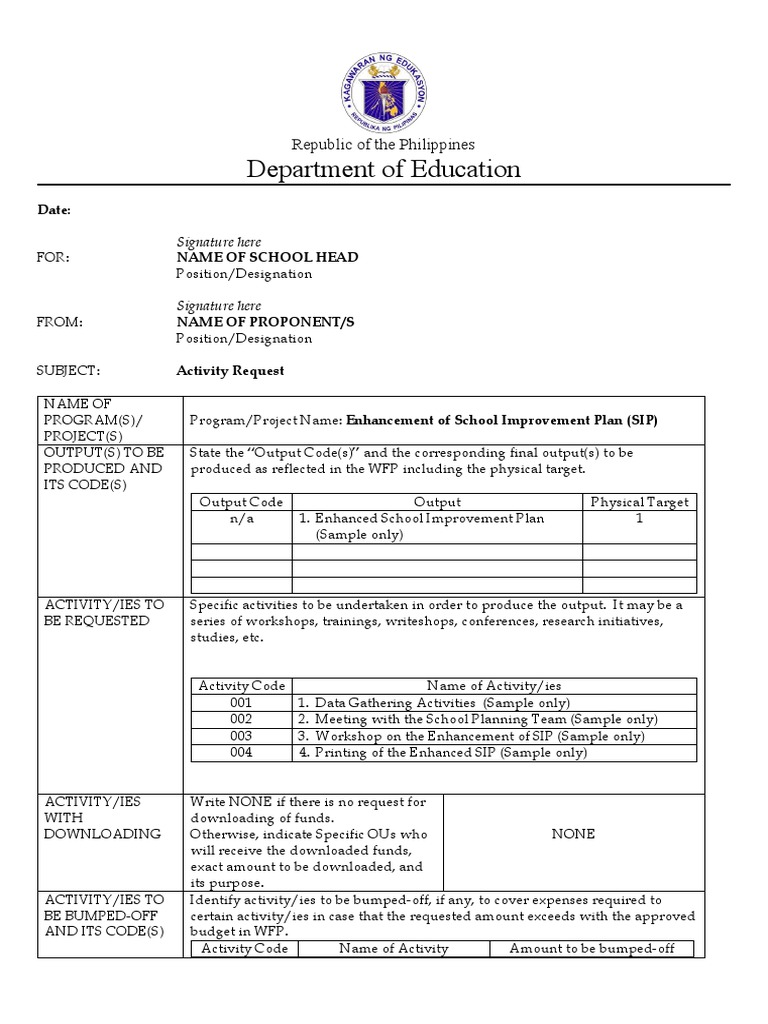 Enclosure No. 1. Activity Request Revised Template For ES JHS SHS | PDF