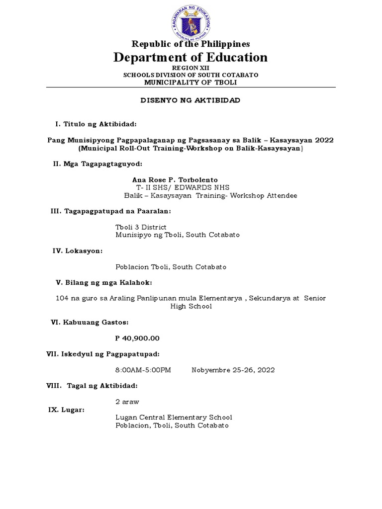 TBOLI Activity Design - Balik Kasaysayan | PDF