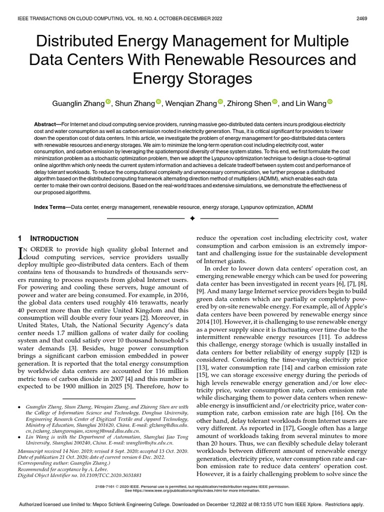 Distributed Energy Management For Multiple Data Centers With Renewable Resources and Energy ...