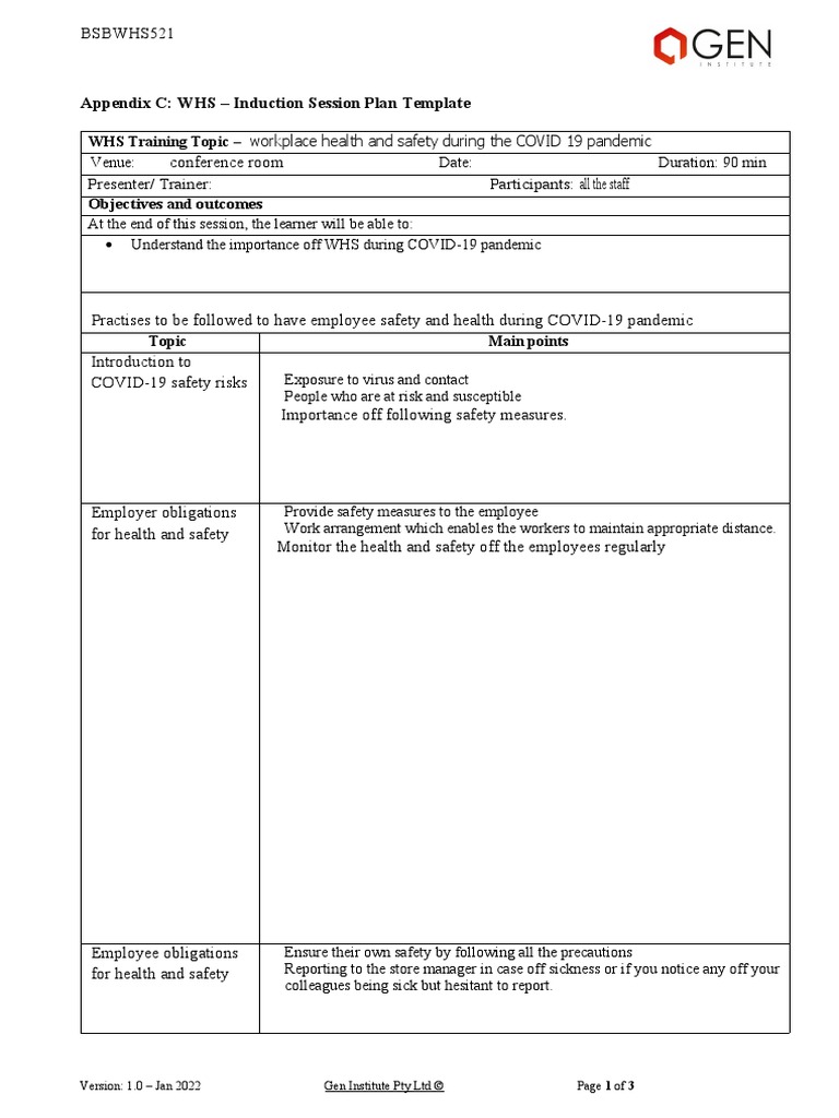 1 - BSBWHS521 Appendix C - WHS-Induction Session Plan Template | PDF ...
