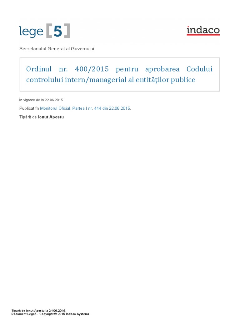 Ordin SGG 400 - 2015 - Cod Control Managerial Intern | PDF