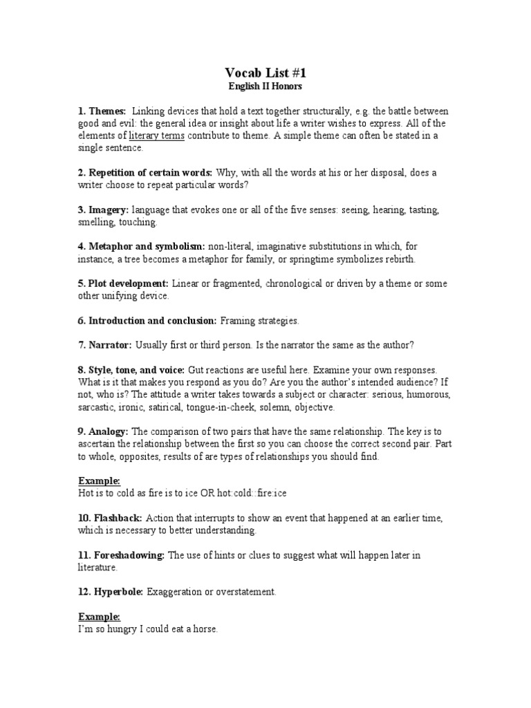 Vocab List #1: English II Honors | PDF | Narration | Realism (Arts)