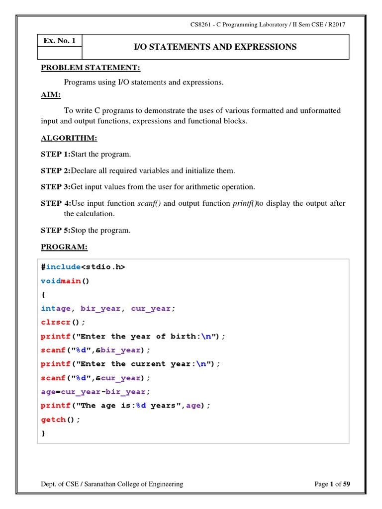 CS8261 C Programming Lab Record Manual | PDF | Computer Program ... CS8261 C Programming Lab Record Manual | PDF | Computer Program ...