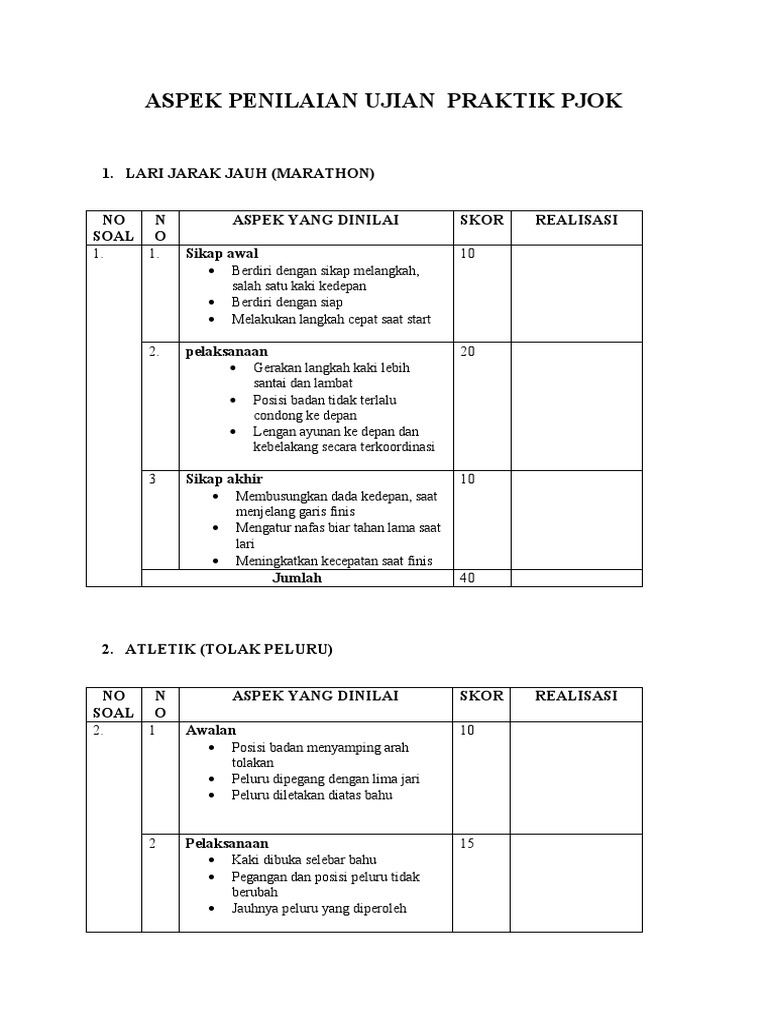 Aspek Penilaian Ujian Praktik Pjok | PDF