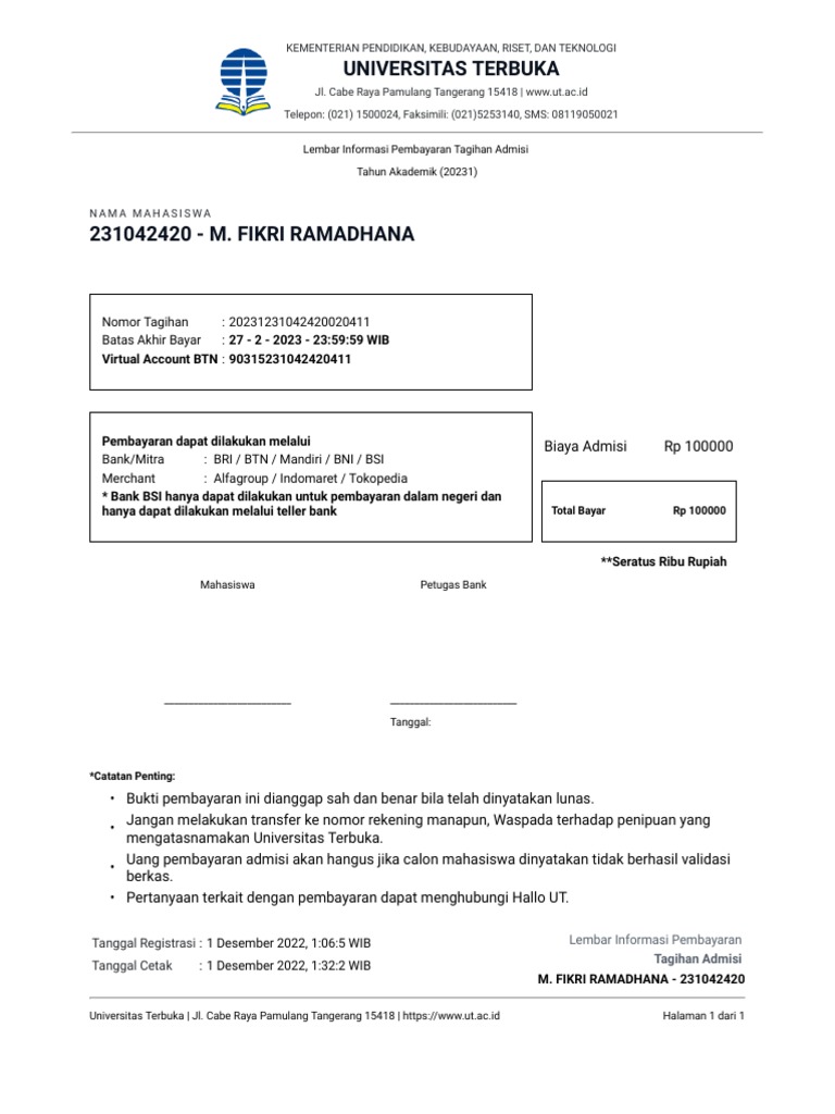 Pembayaran Admisi Universitas Terbuka | PDF