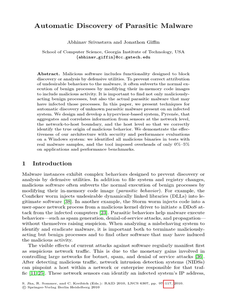 Automatic Discovery of Parasitic Malware: Abstract. Malicious Software Includes Functionality ...