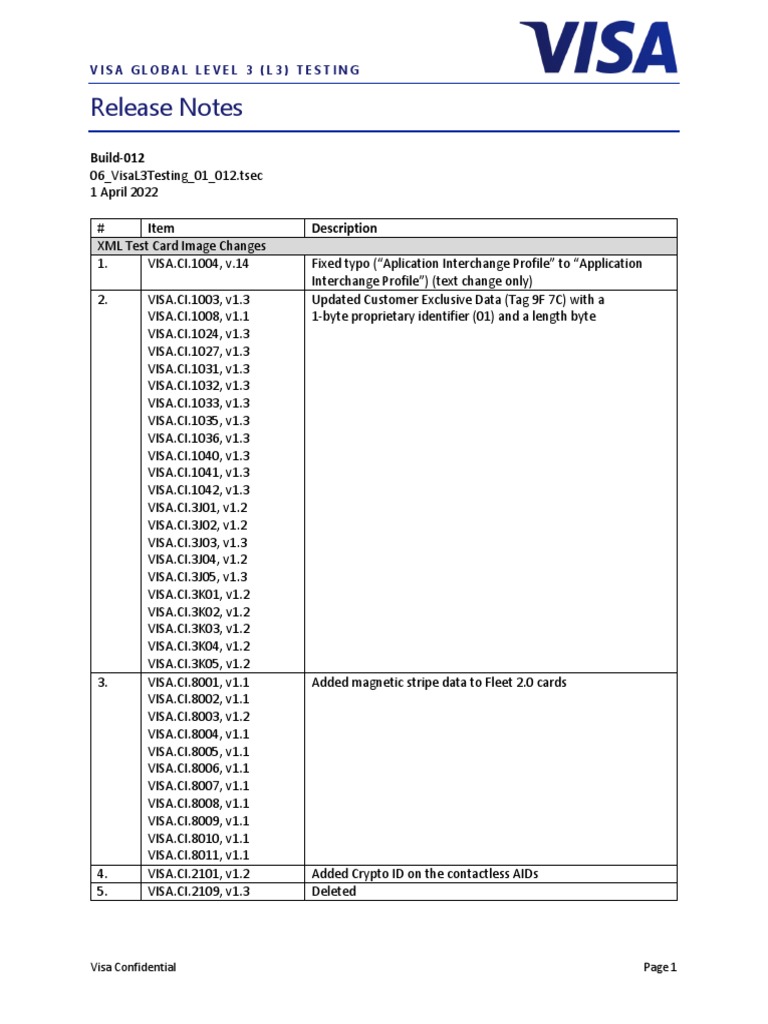 Visa L3 Testing Release Notes Build 012 01 Apr 22 | PDF | Visa Inc. | Emv