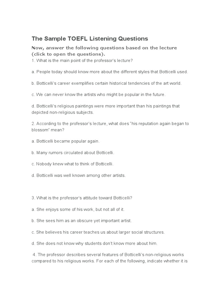 The Sample TOEFL Listening Questions Boticelli | PDF | Evolution | Lecture