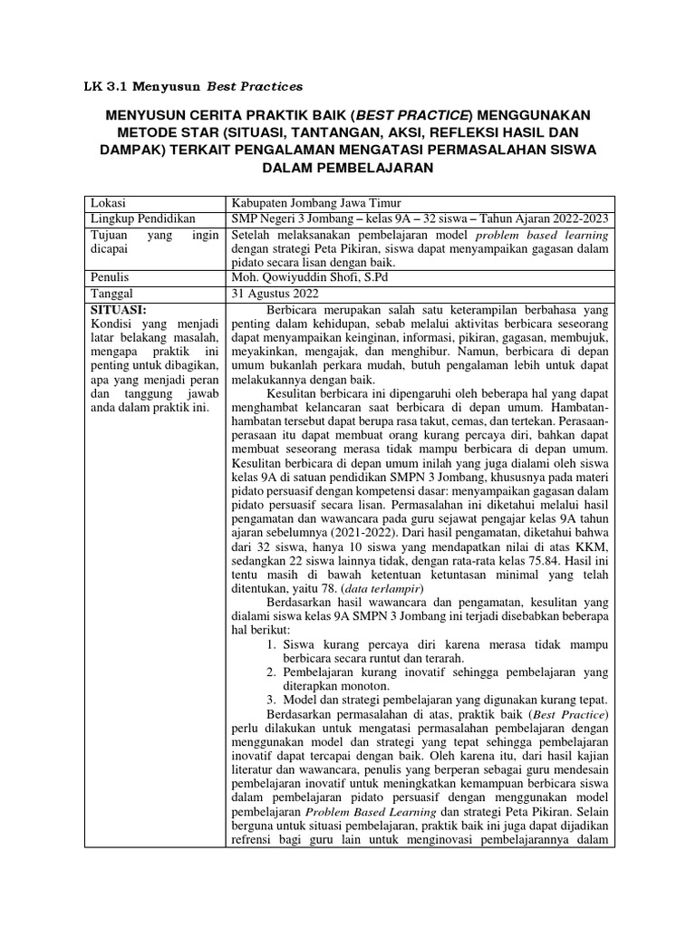 LK 3.1 Menyusun Best Practices Versi Rinci | PDF