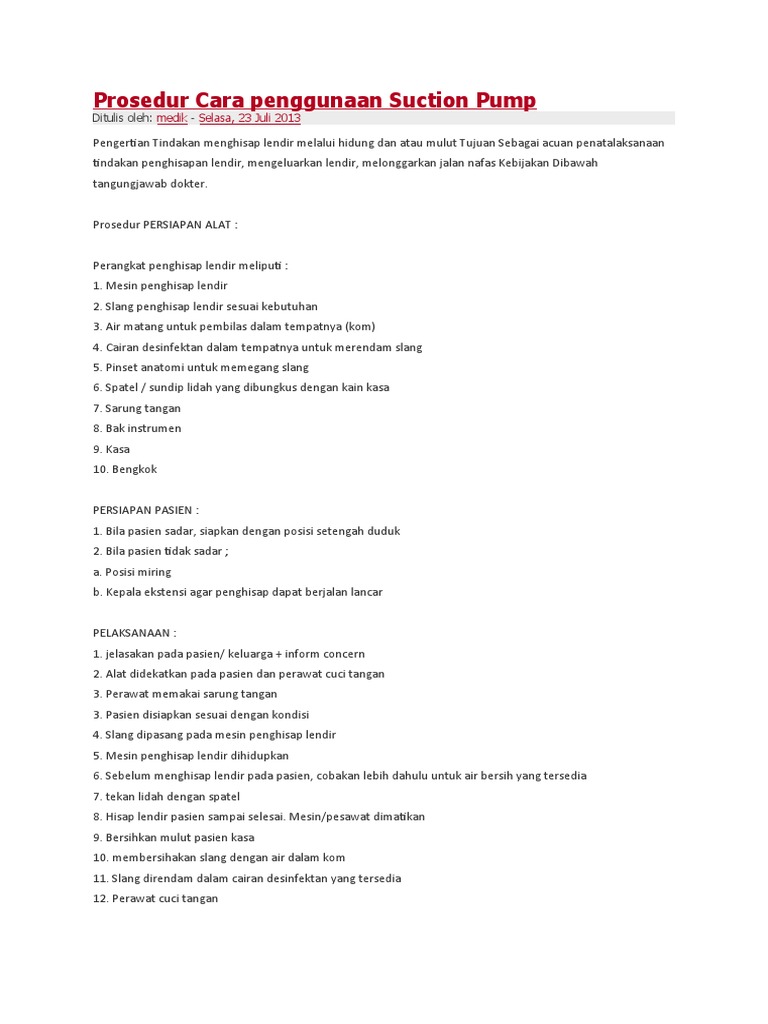 Prosedur Cara Penggunaan Suction Pump | PDF | Kesehatan Holistik