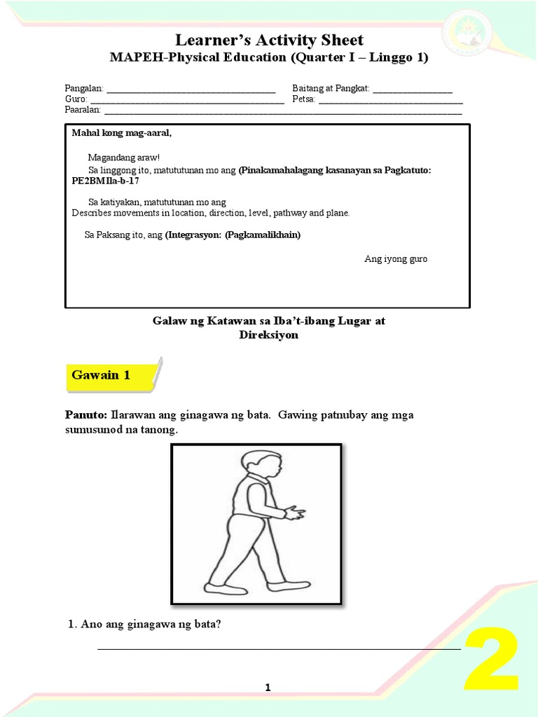 Learner's Activity Sheet: MAPEH-Physical Education (Quarter I - Linggo 1) | PDF