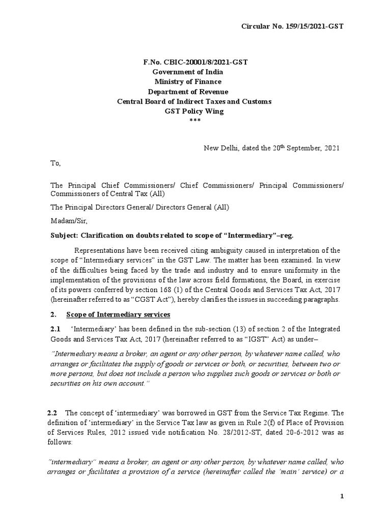 Circular No. 159 - 14 - 2021 - GST | PDF | Outsourcing | Customer