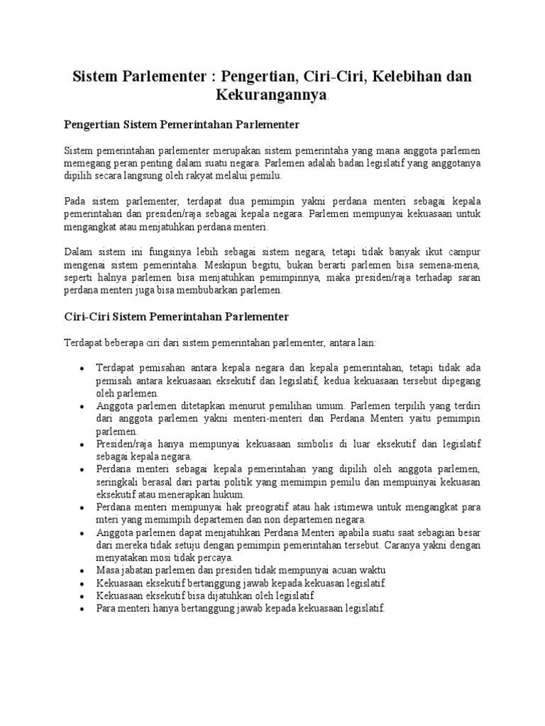 Ciri dan Pengertian Sistem Parlementer | PDF | Politik | Ilmu Sosial