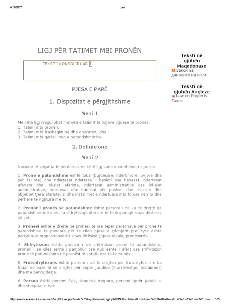 Ligji Per Tatimet Mbi Pronen | PDF