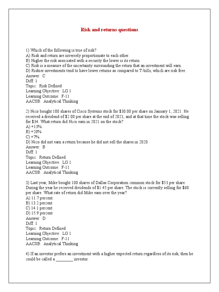 Risk and Returns Questions With Answers | PDF | Standard Deviation | Risk