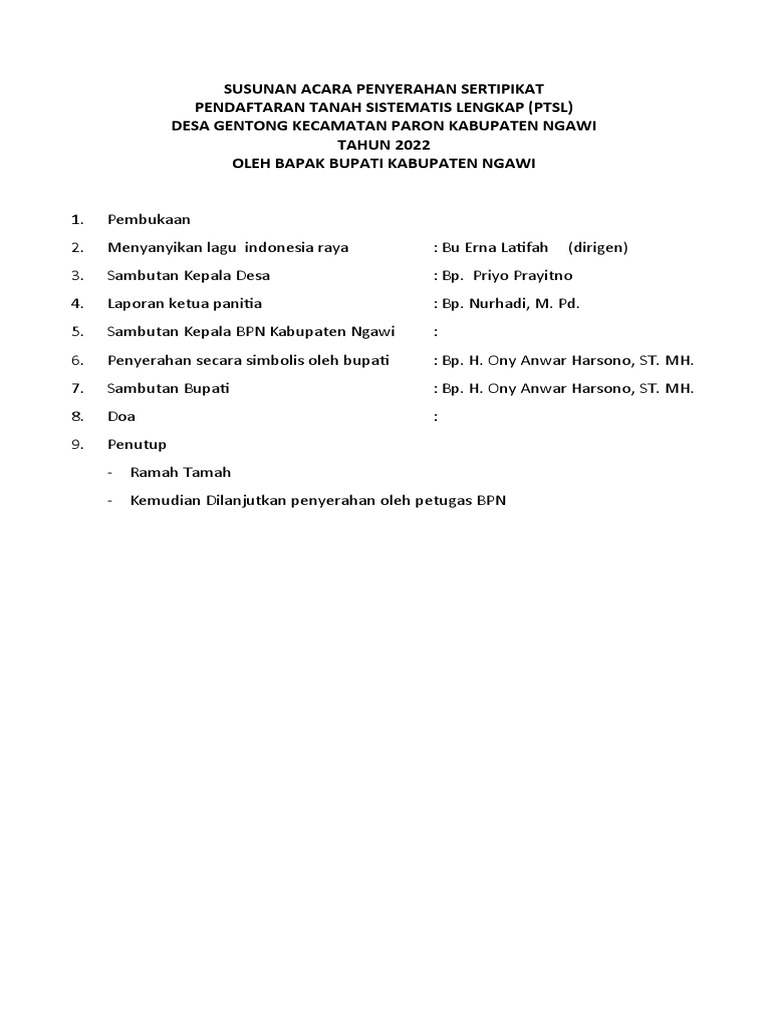 Susunan Acara Penyerahan Sertipikat | PDF | Kajian Bahasa Asing