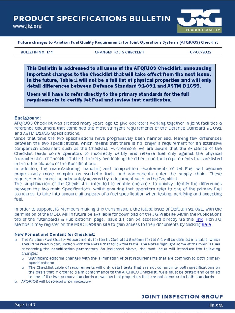 Bulletin 144 Future Changes To JIG Checklist 07 2022 1 | PDF | Jet Fuel ...