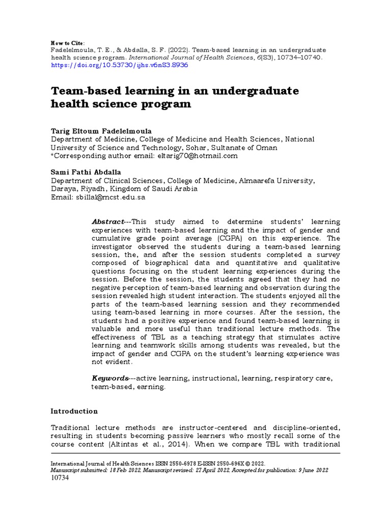 Team Based Learning In An Undergraduate Health Sci Pdf Teaching Method Learning