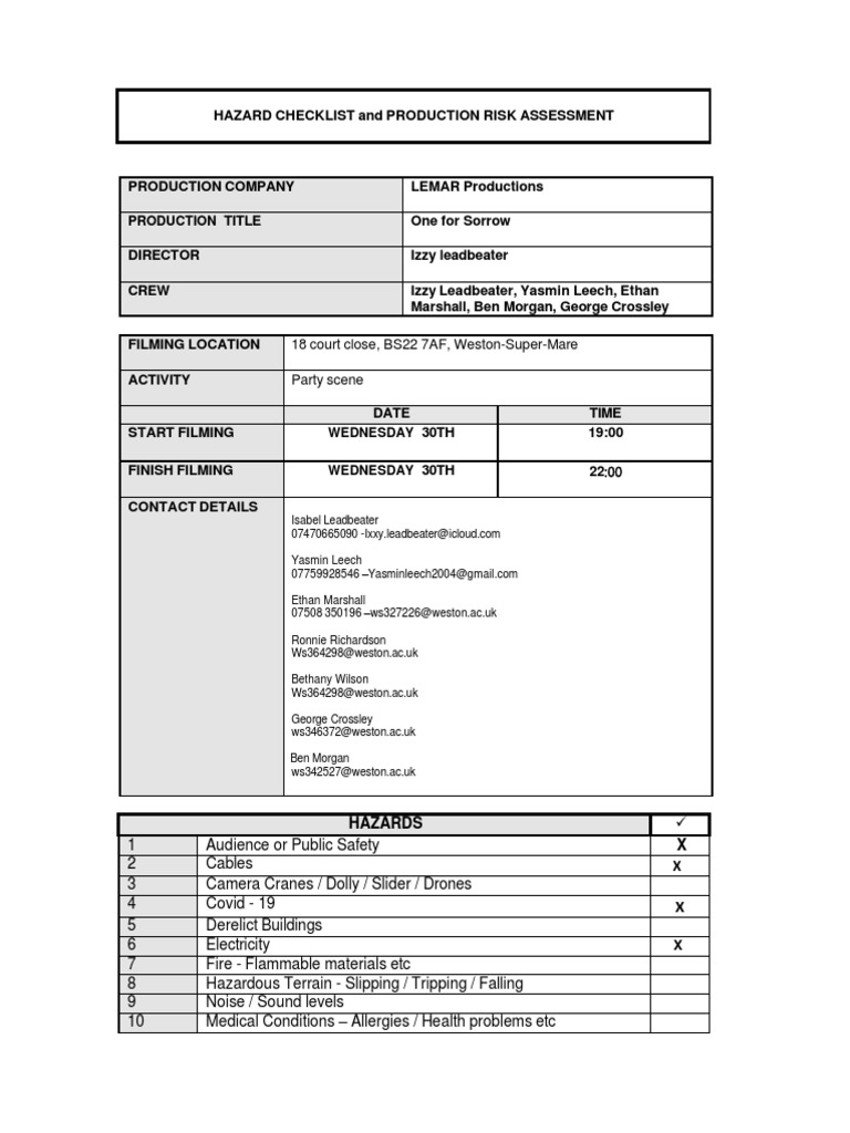 Risk Assessment Sheet 1 Final | PDF | Risk | Safety
