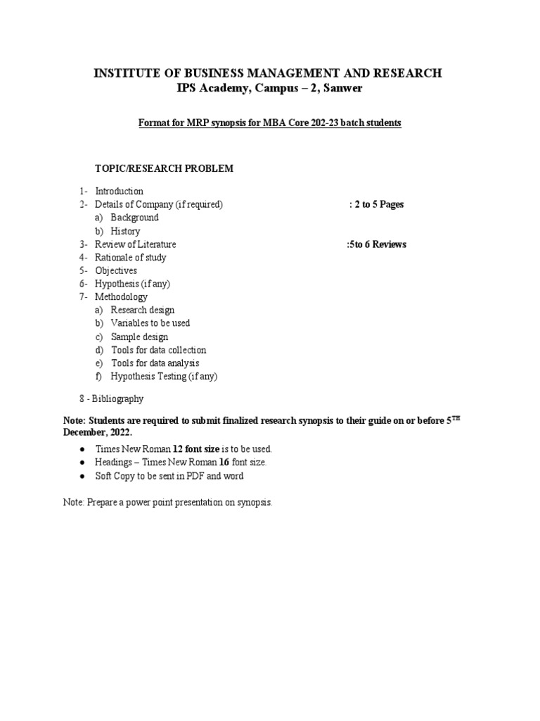 MBA Research Synopsis Format Guide | PDF