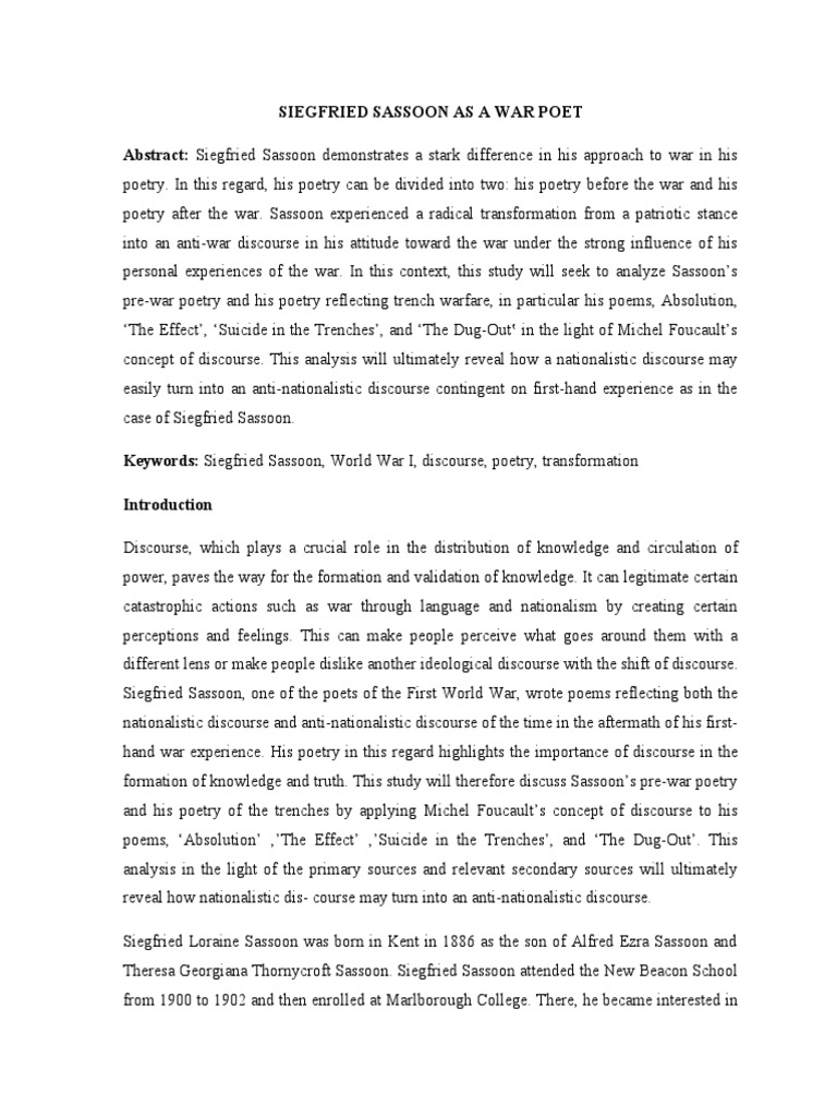 Siegfried Sassoon: War Poetry Analysis | PDF | Discourse | Power ...