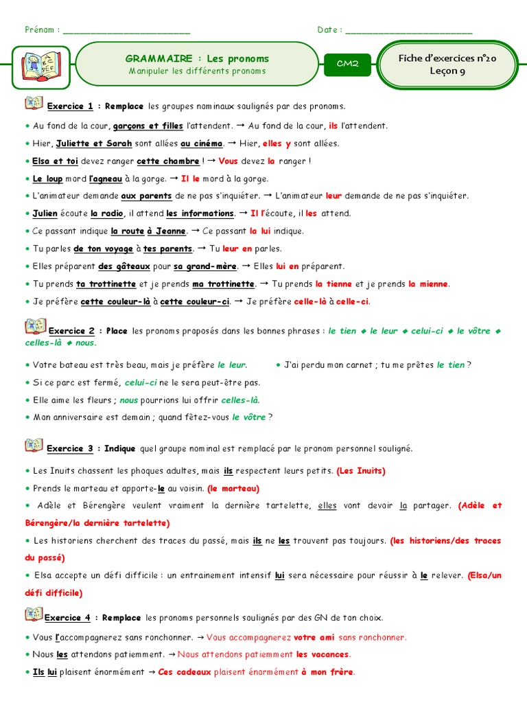 Fiche 20 Les Pronoms Correction | PDF | Pronom