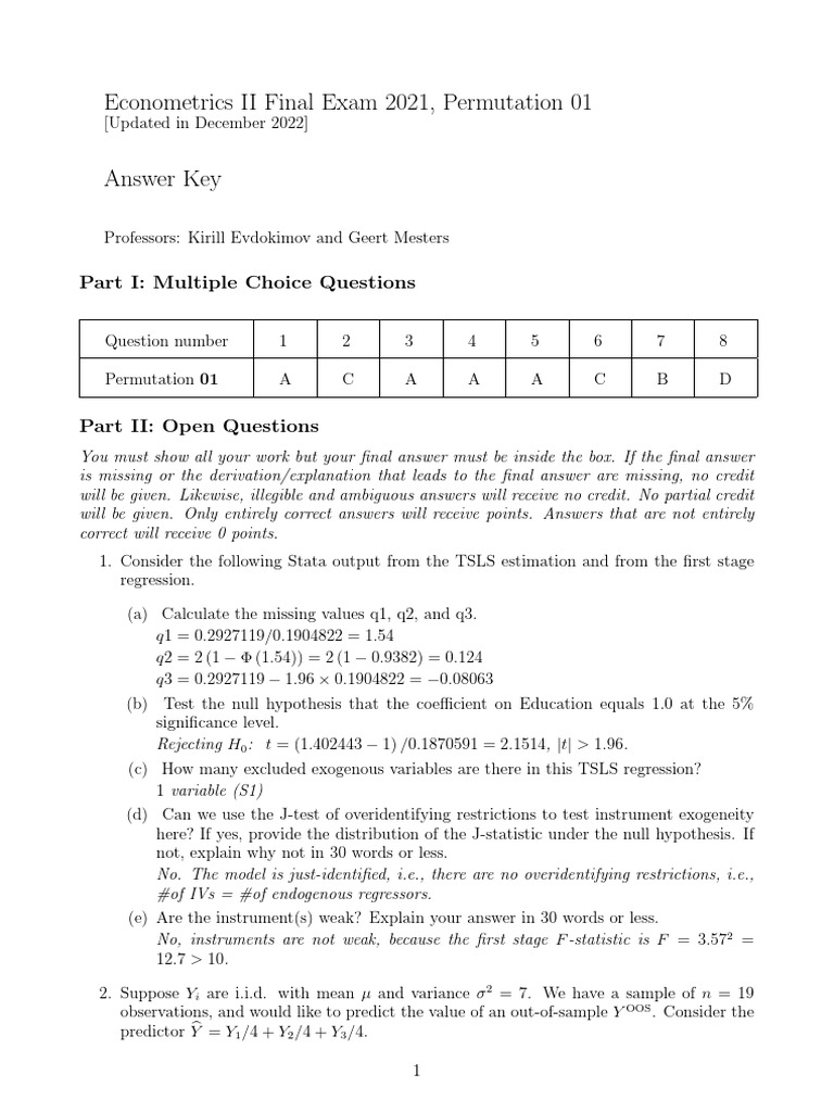 Final EM2 2021 Answer Key | PDF | Dependent And Independent Variables | Regression Analysis