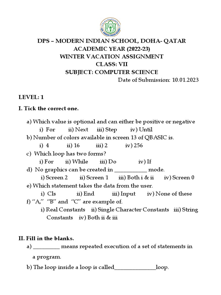 Class VII - Winter Vacation ASSIGNMENT | PDF | Control Flow | Display Resolution