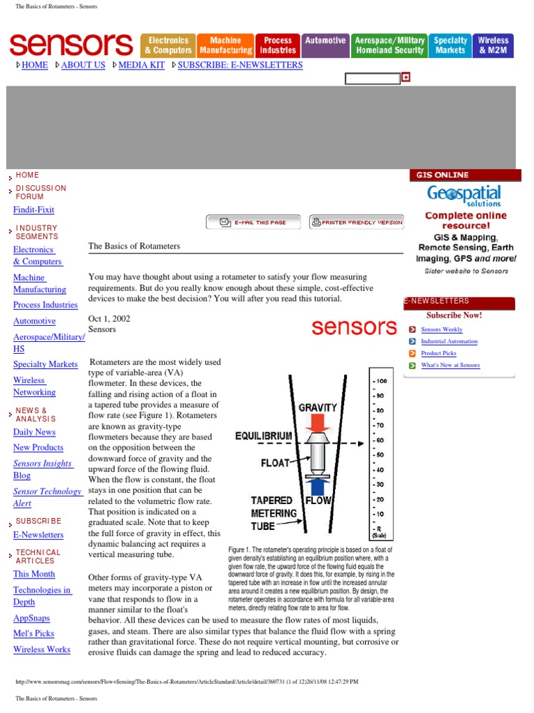 The Basics of Rotameters - Sensors | PDF | Flow Measurement | Viscosity