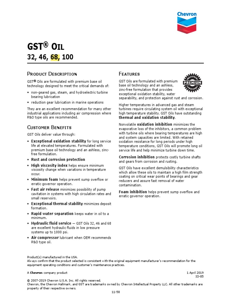 Chevron Turbine Oil GST 68 Datasheet | PDF | Motor Oil | Lubricant