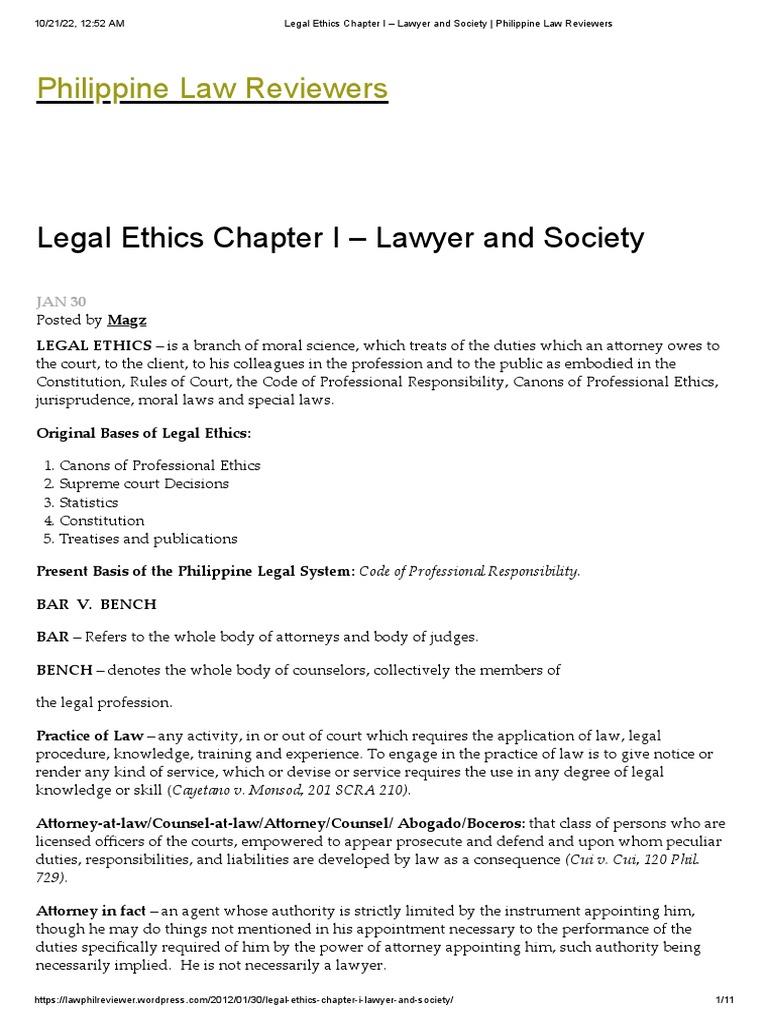 Legal Ethics Chapter I - Lawyer and Society - Philippine Law Reviewers | PDF | Lawyer | Barrister
